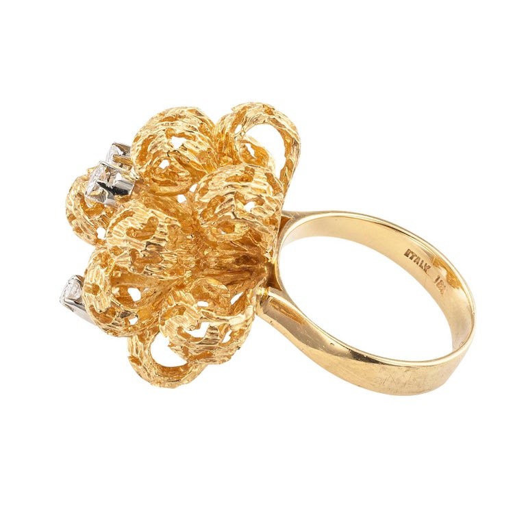 Italian Diamond Yellow Gold Puffed Ribbon Bow Cocktail Ring at 1stDibs