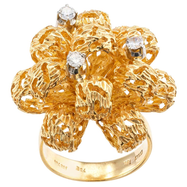 Italian Diamond Yellow Gold Puffed Ribbon Bow Cocktail Ring at 1stDibs