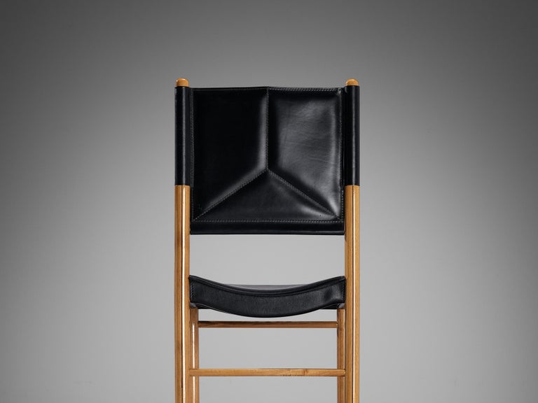 Italian Dining Chair in Black Leather and Walnut For Sale at 1stDibs