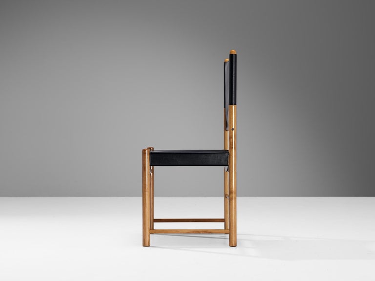 Italian Dining Chair in Black Leather and Walnut For Sale at 1stDibs