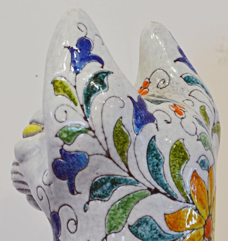 Egyptian Inspired Glazed Terracotta Cat with Floral Decoration, 20th ...