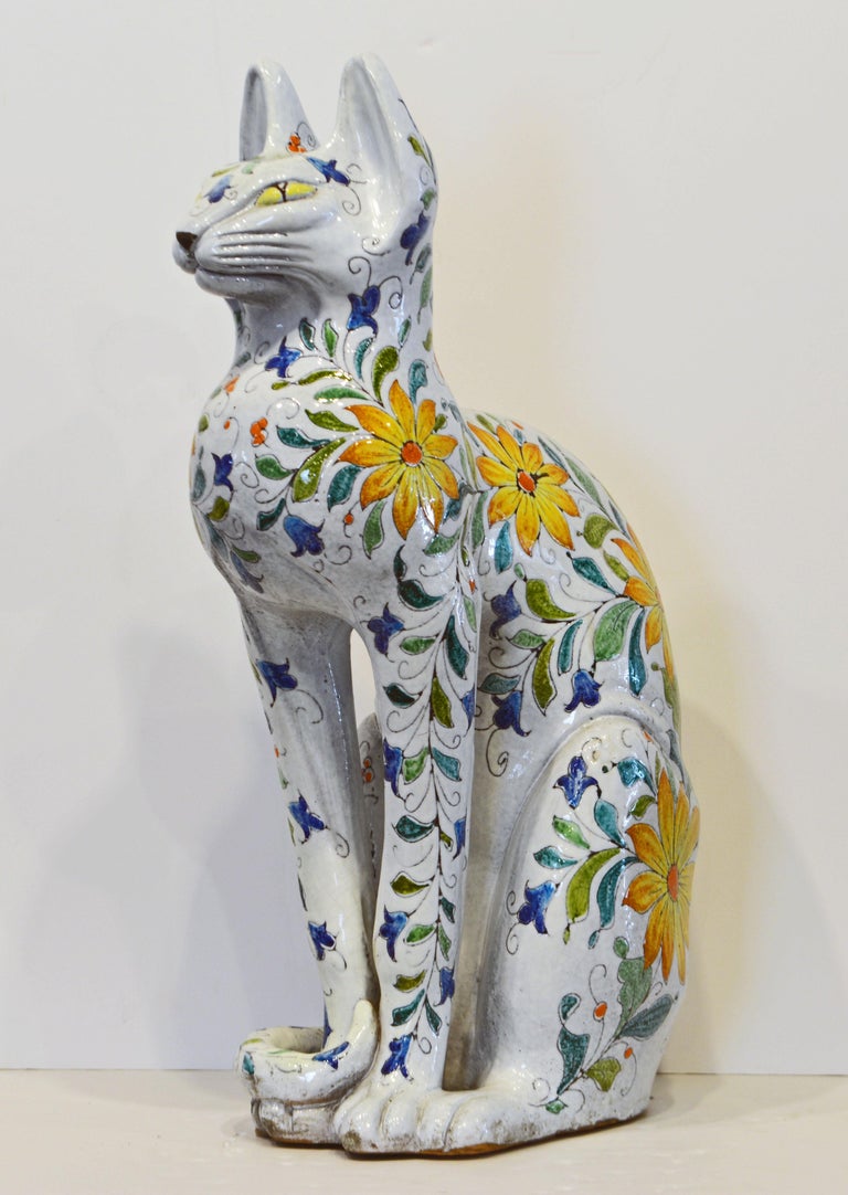 Egyptian Inspired Glazed Terracotta Cat with Floral Decoration, 20th ...