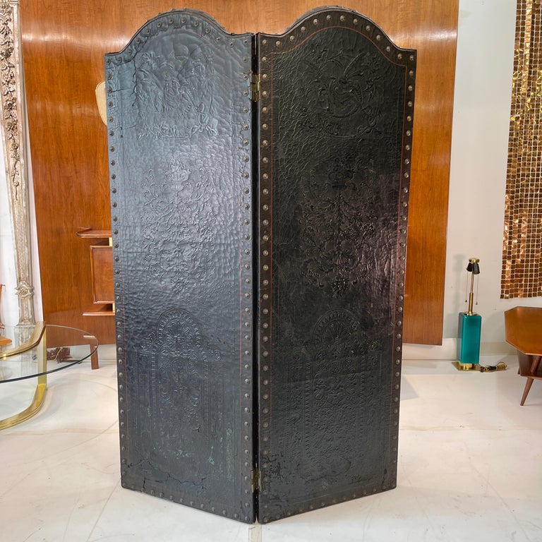 Italian Embossed Leather Two Panel Screen at 1stDibs