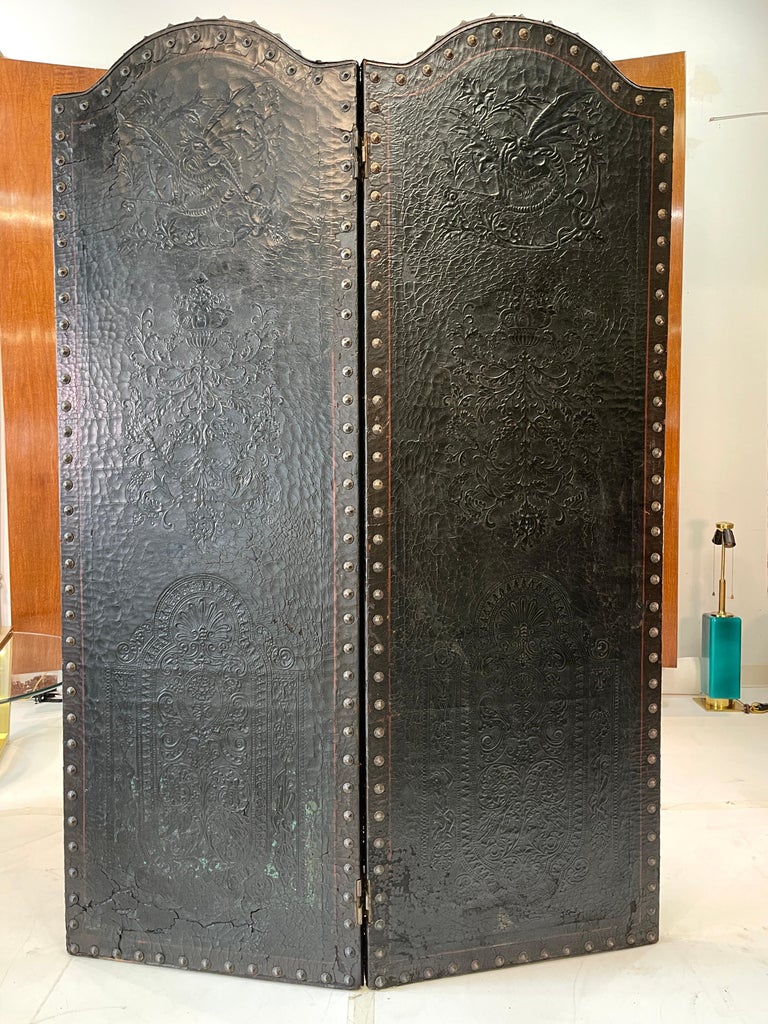 Italian Embossed Leather Two Panel Screen at 1stDibs
