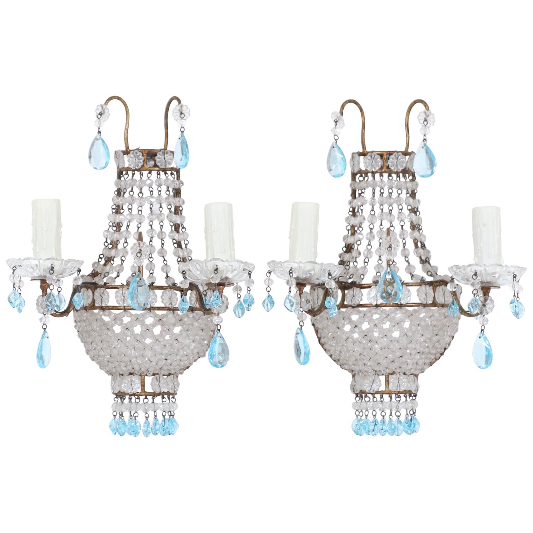 Italian Empire Style Crystal Beaded Sconces with Light Blue Drops at ...