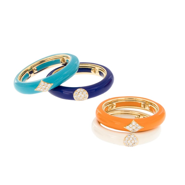 Italian Enamel Diamond 18 Karat Yellow Gold Adjustable Band Ring at 1stDibs