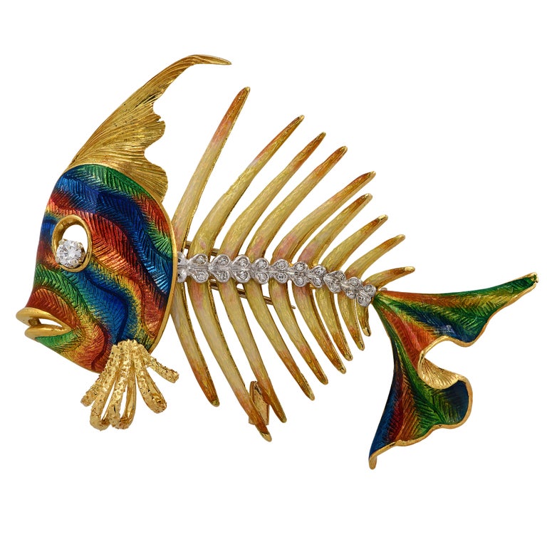Italian Enamel and Diamond Fish Brooch Pin at 1stDibs