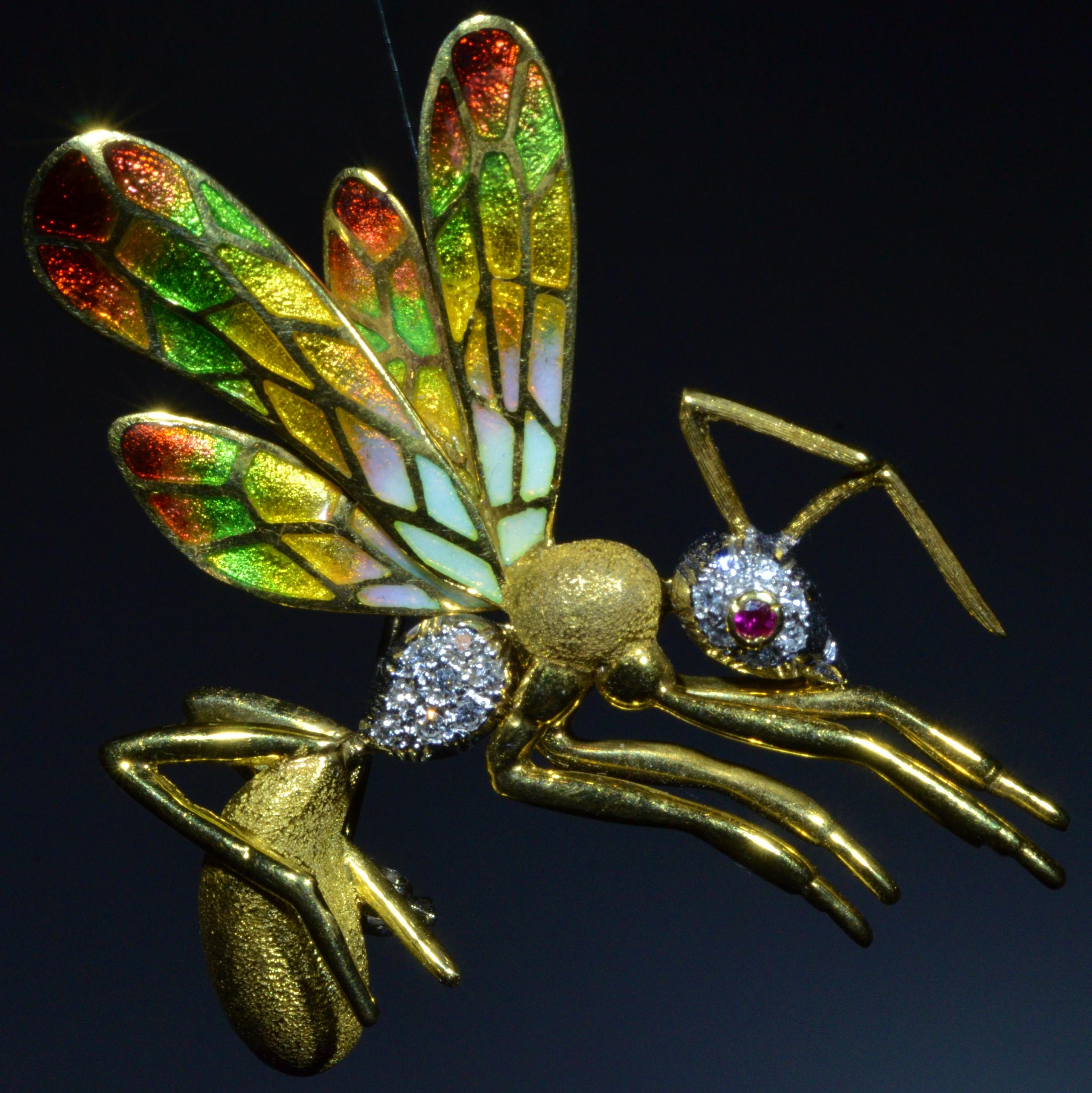 Italian Enamel Insect Brooch Pendant in 18 Karat Gold Set with Diamonds ...