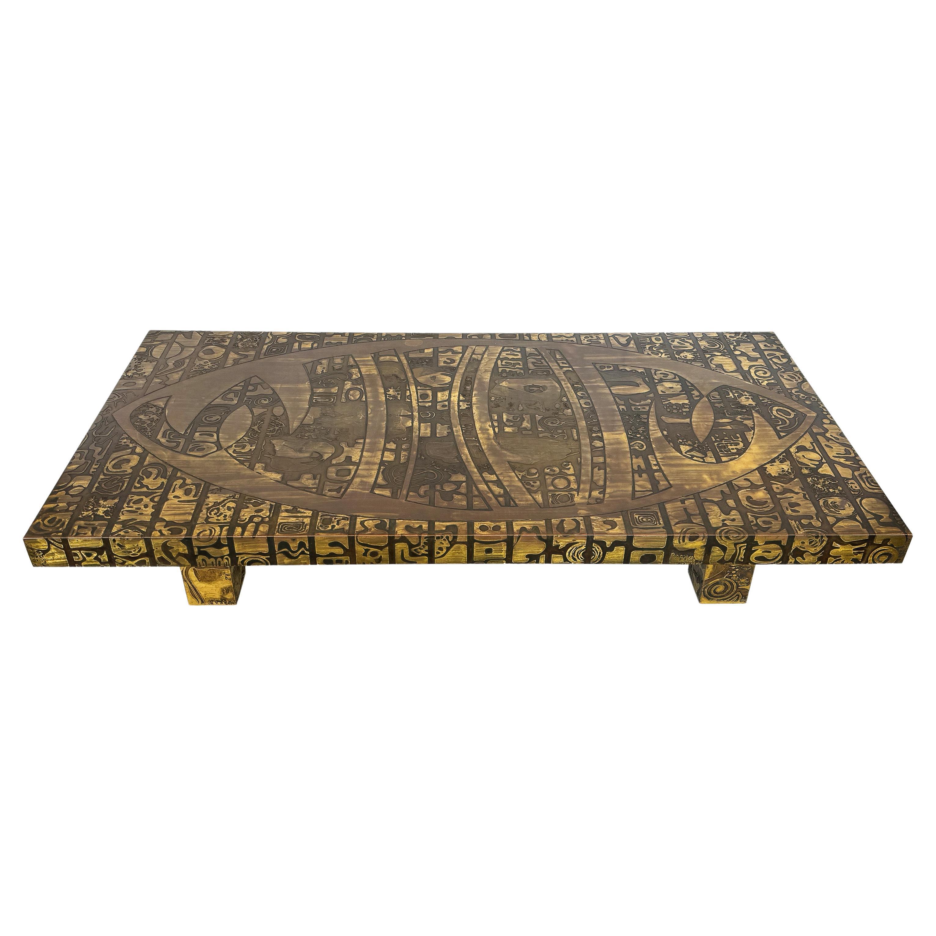 Italian Etched Bronze Coffee Table with Abstract Motif For Sale at 1stDibs