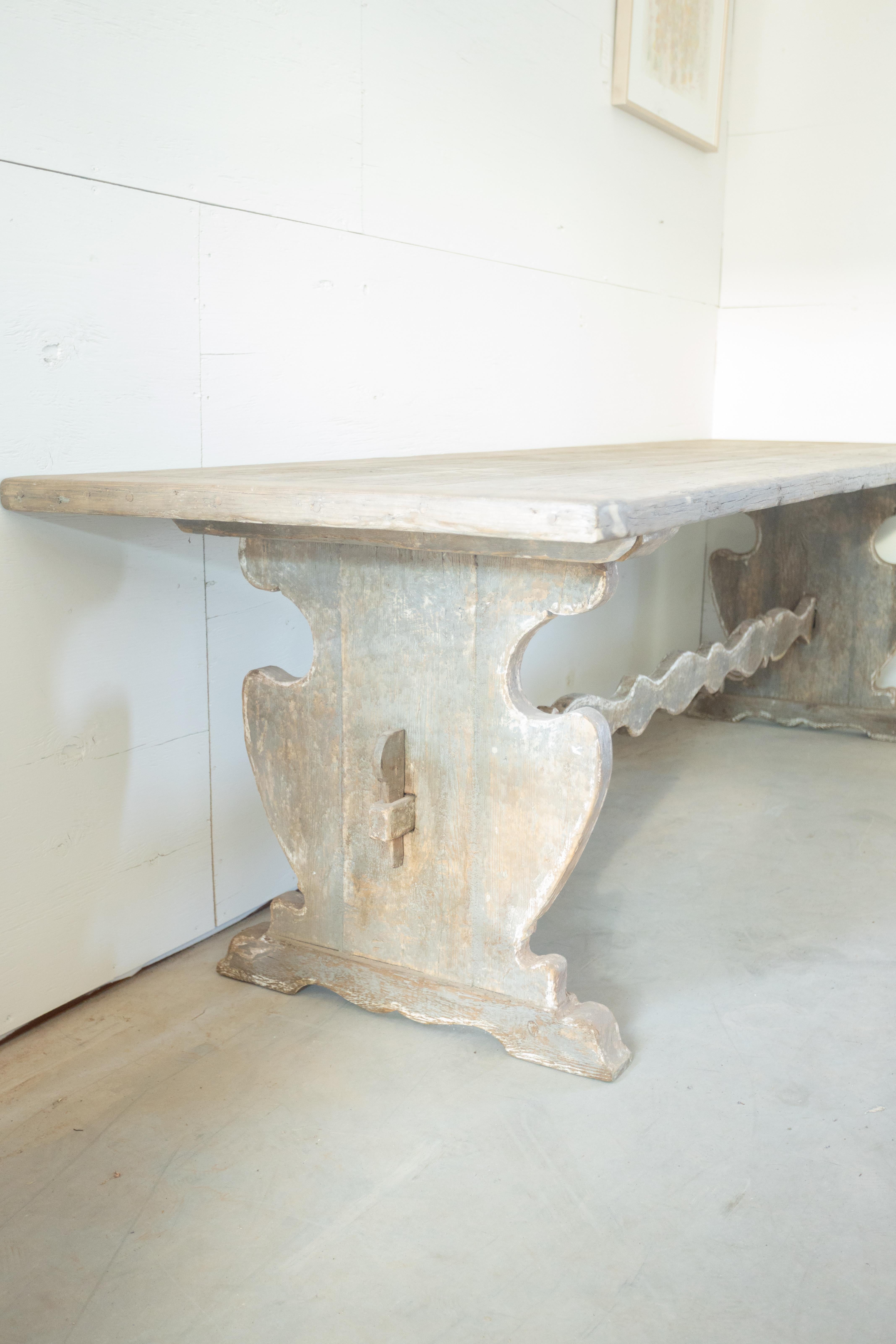 Italian Farm Table on Carved Base with Stretcher at 1stDibs