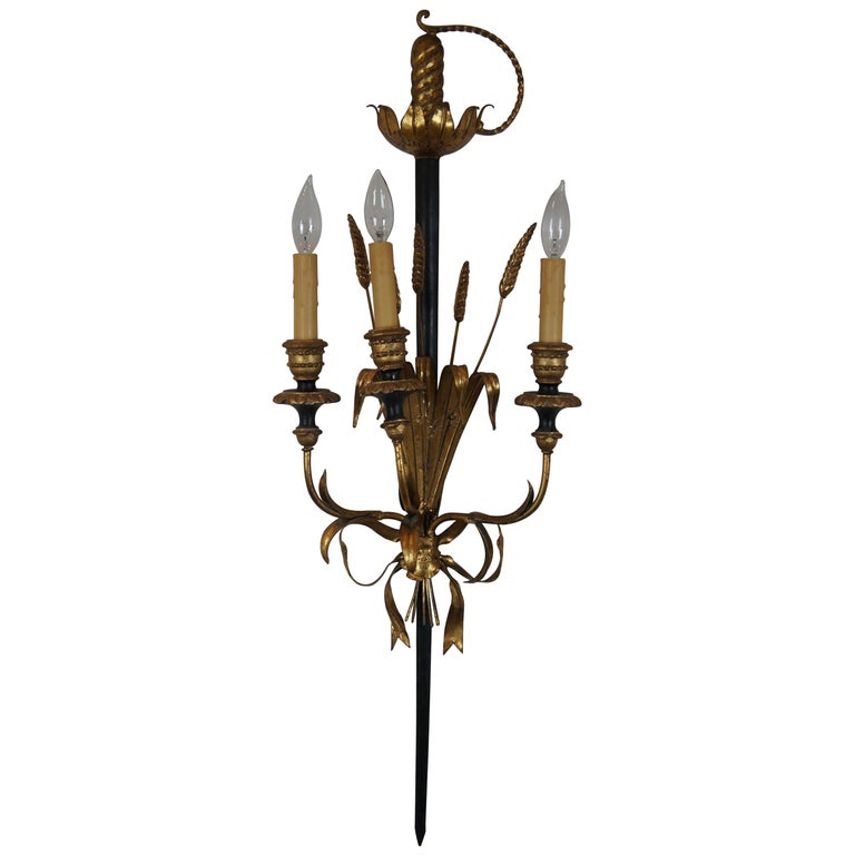 Italian Florentine 3-Light Wheat Sword Tole Candelabra Wall Sconce ...