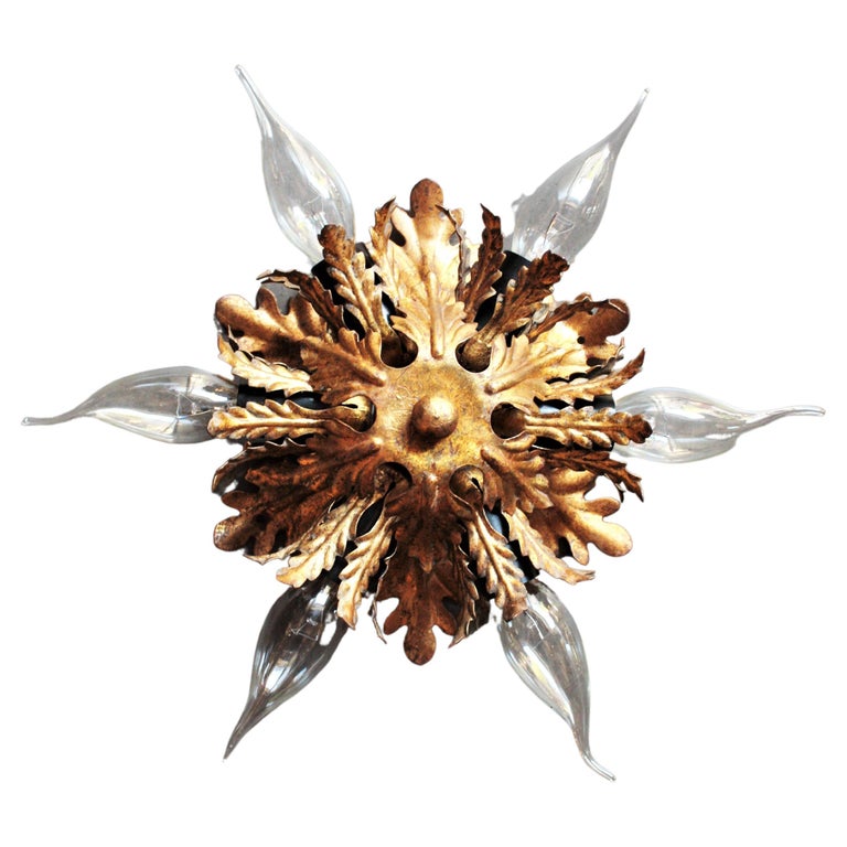 Plafonnier / applique murale florentine italienne à feuillage, fer doré ...