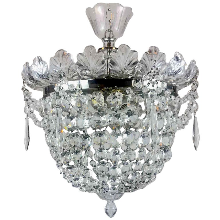 Italian Flush Mounted Crystal Basket Three-Light Ceiling Light circa ...