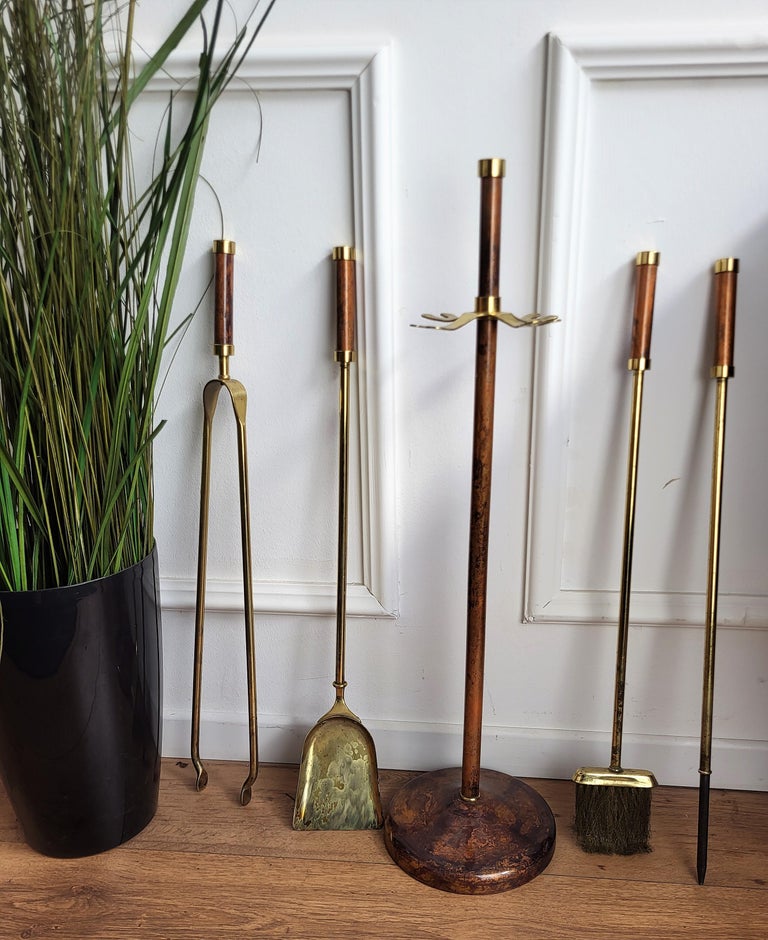 Italian Four-Piece Brass and Burl Vintage Fireplace Fire Tool Set with ...