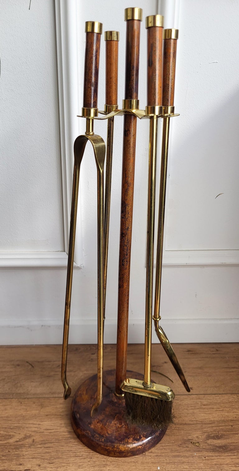 Italian Four-Piece Brass and Burl Vintage Fireplace Fire Tool Set with ...
