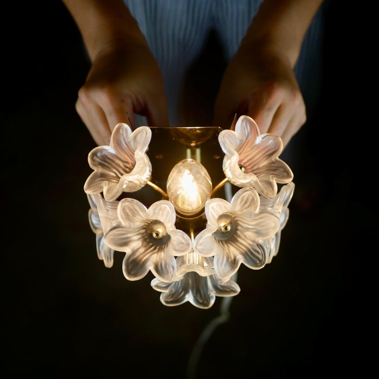 Italian frosted glass flowers wall-light, from the 1980s at 1stDibs