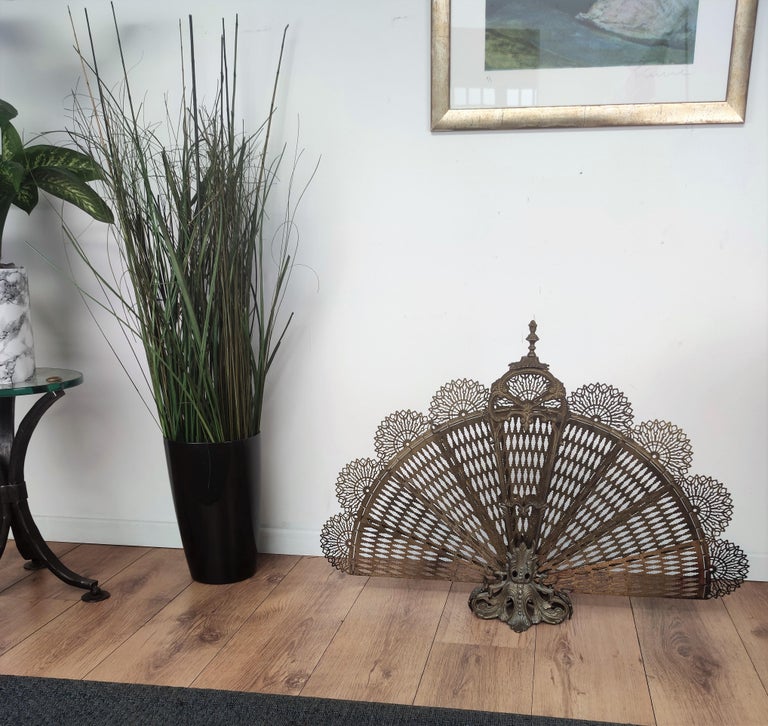 Italian Gilt Brass Pierced Folding Peacock Fan Fireplace Screen or Fire ...