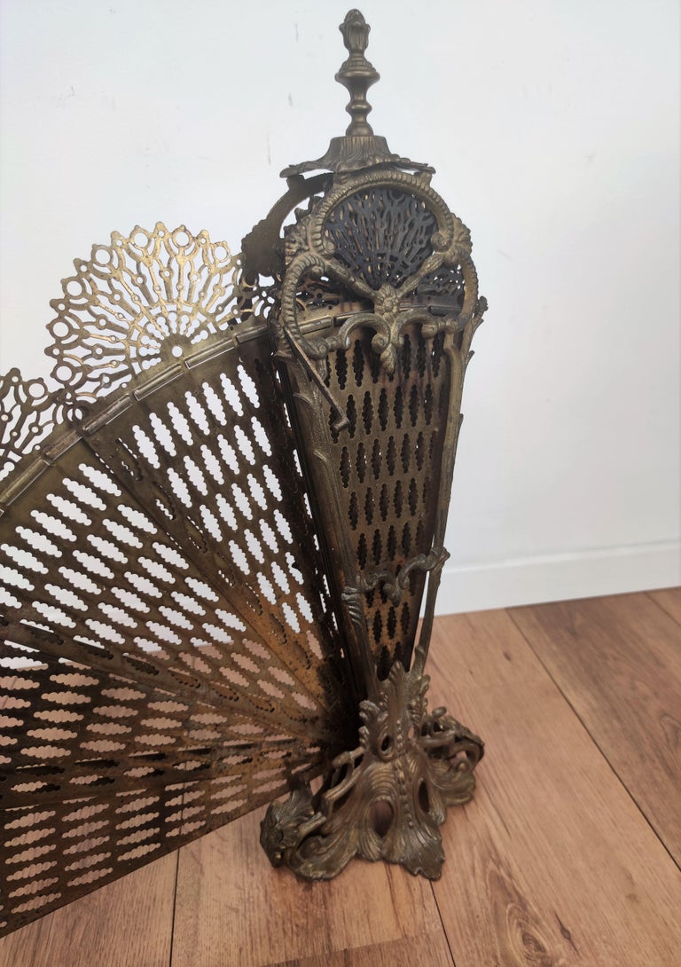 Italian Gilt Brass Pierced Folding Peacock Fan Fireplace Screen or Fire ...