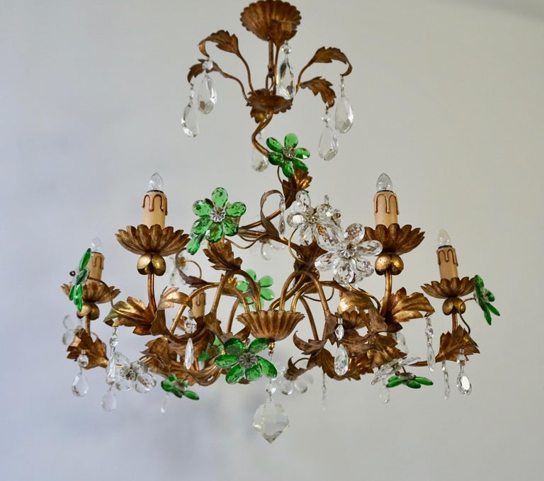 Italian Gilt Floral Design Chandelier with Green and Transparent Glass ...