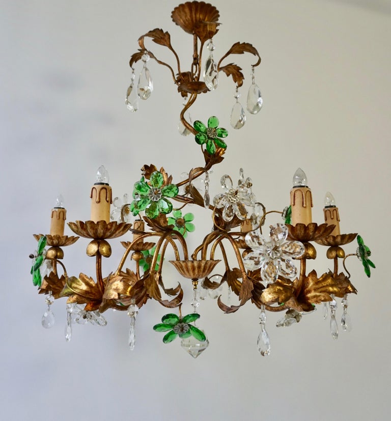 Italian Gilt Floral Design Chandelier with Green and Transparent Glass ...