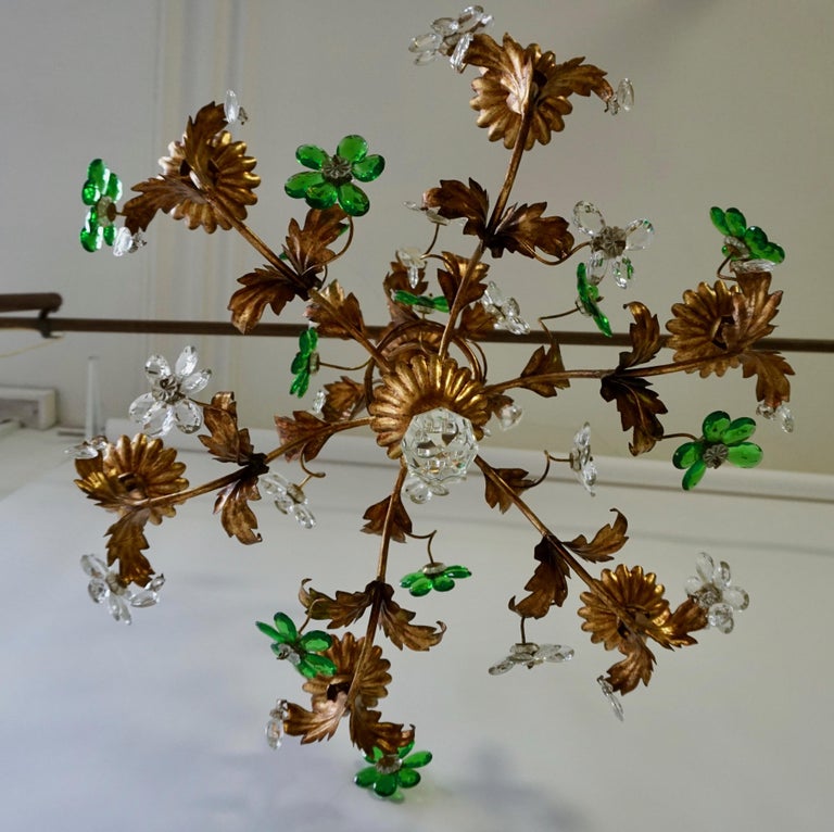 Italian Gilt Floral Design Chandelier with Green and Transparent Glass ...