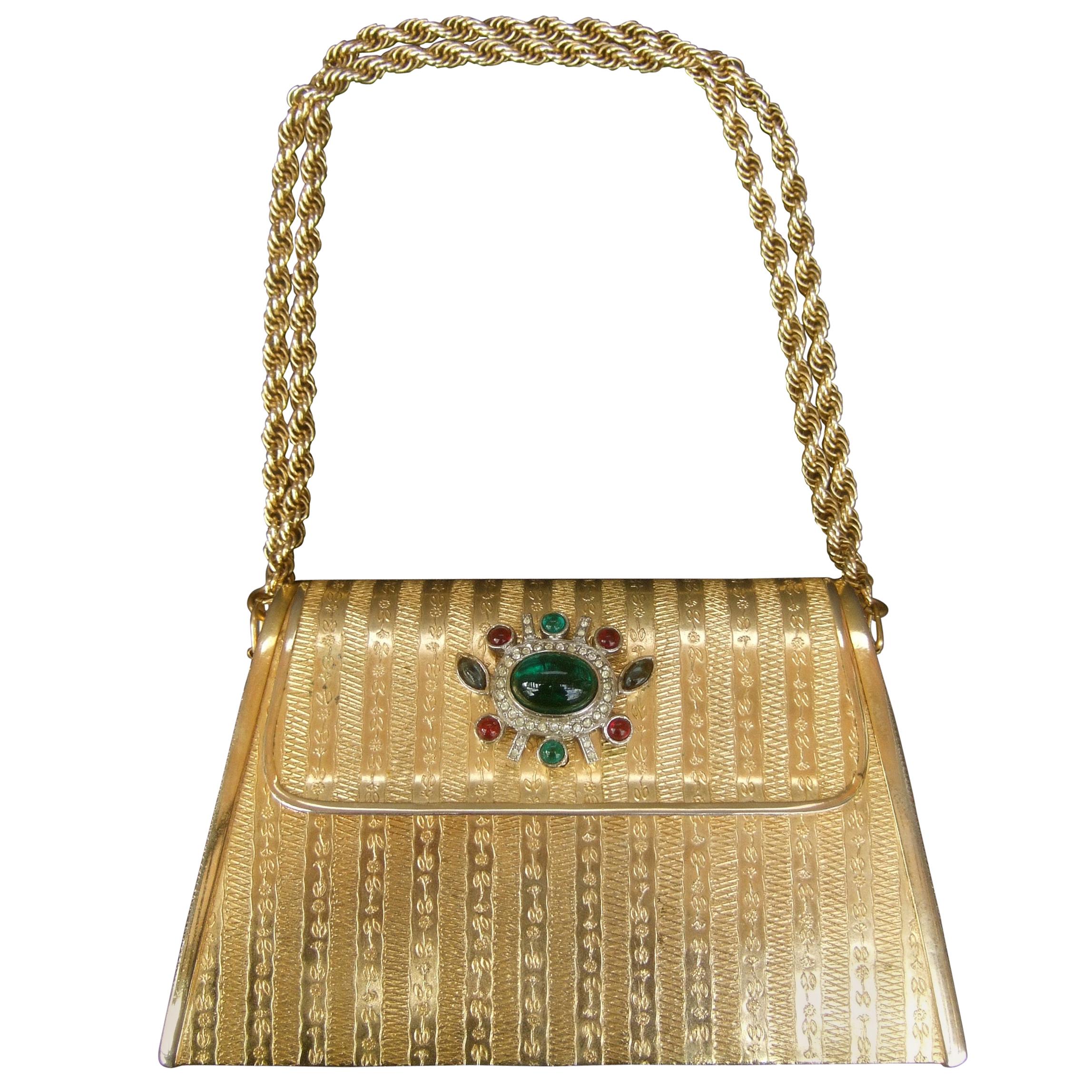 Italian Gilt Metal Jeweled Glass Medallion Minaudière c 1970s at 1stDibs