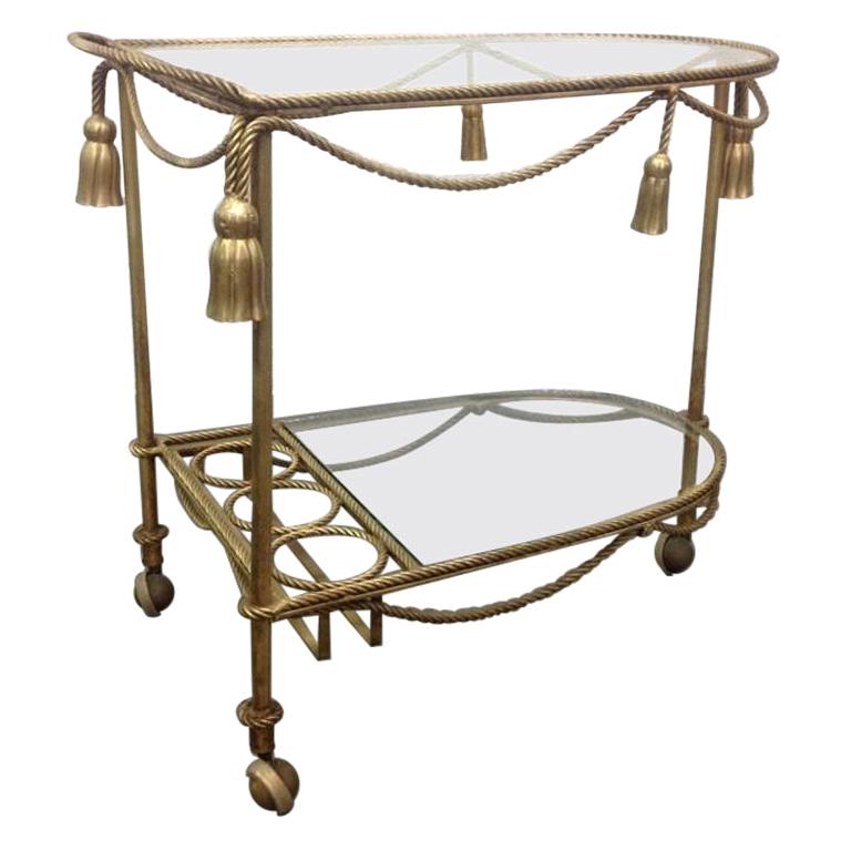 Italian 1960s Gilt Metal Rope and Tassel Bar Cart For Sale at 1stDibs