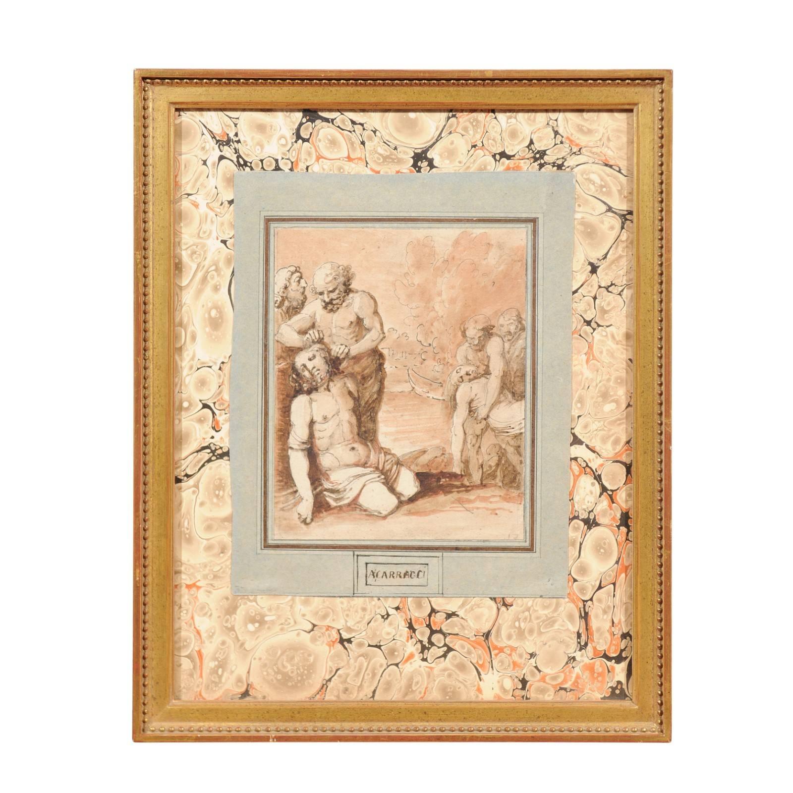 Antique Italian Landscape Drawing in Gilt Frame For Sale at 1stDibs