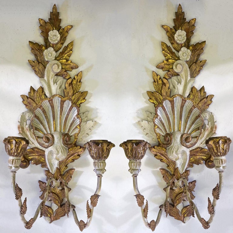 Italian Giltwood And Painted Carved Sconces With Shell And Floral Motif ...