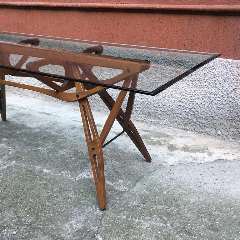 Italian Glass and Oak Reale Table, after Carlo Mollino made by Zanotta ...