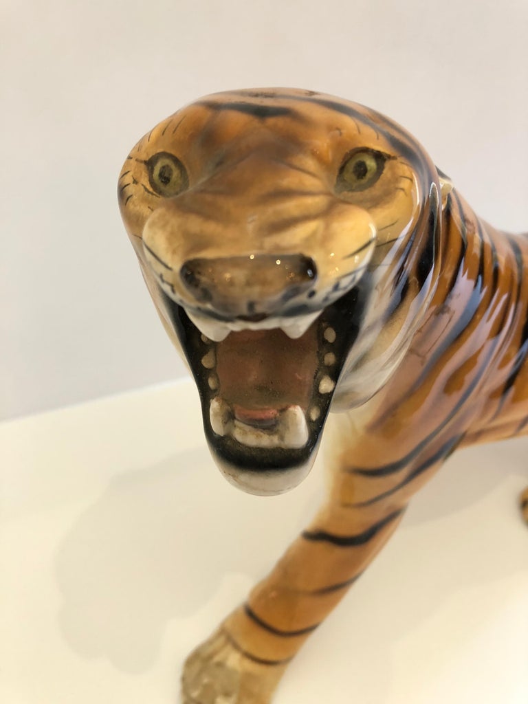 Italian Glazed Ceramic Growling Prancing Tiger Sculpture at 1stDibs