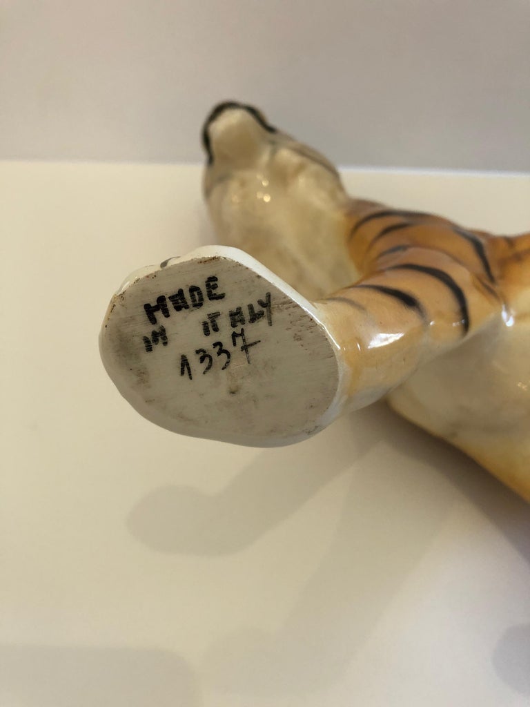 Italian Glazed Ceramic Growling Prancing Tiger Sculpture at 1stDibs