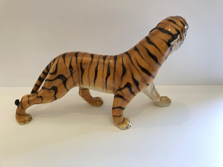 Italian Glazed Ceramic Growling Prancing Tiger Sculpture at 1stDibs