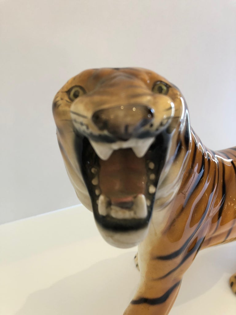 Italian Glazed Ceramic Growling Prancing Tiger Sculpture at 1stDibs