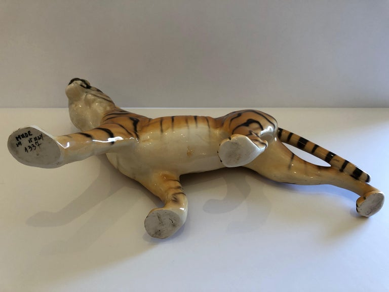 Italian Glazed Ceramic Growling Prancing Tiger Sculpture at 1stDibs