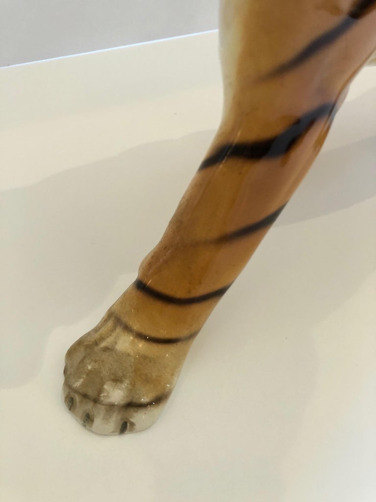 Italian Glazed Ceramic Growling Prancing Tiger Sculpture at 1stDibs