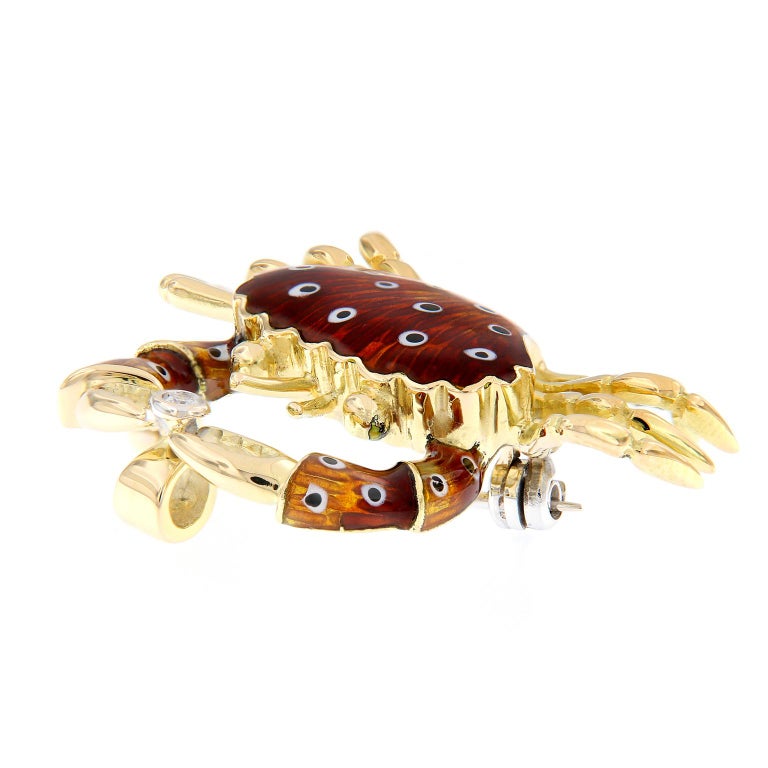 Italian Gold Enamel Crab Diamond Brooch or Pendant at 1stDibs