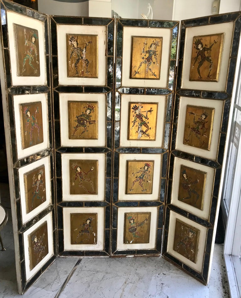 Italian Gold Florentine Hand Painted Court Jester Four Paneled Screen ...