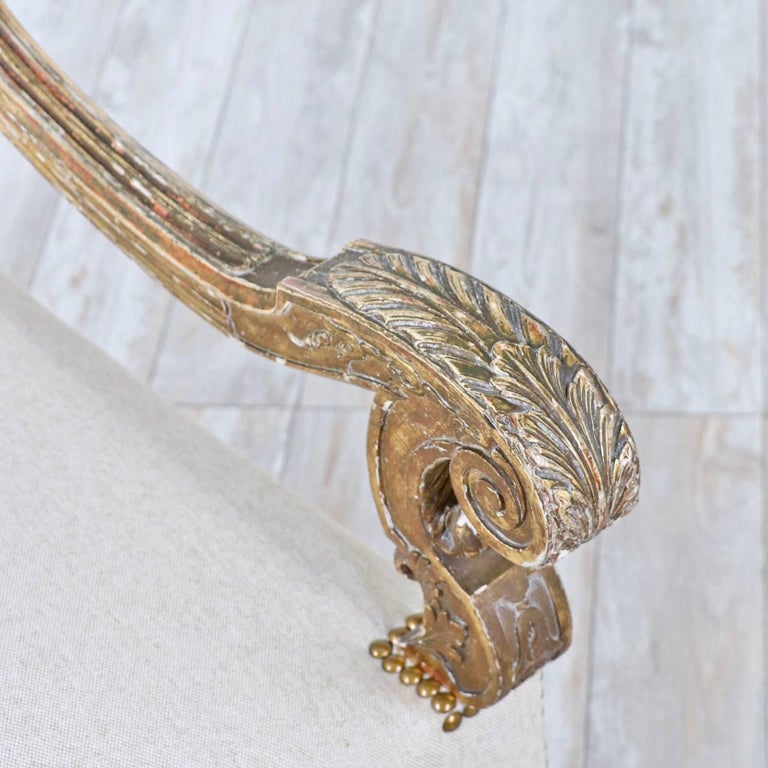 Italian Gold-Leaf Carved Giltwood and Linen Sofa For Sale at 1stDibs