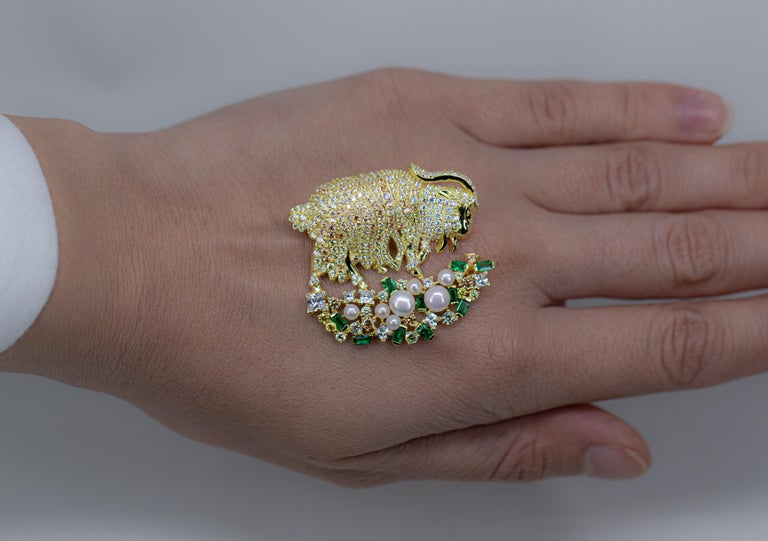 Italian Golden Goat Brooch With Pearls and CZ For Sale at 1stDibs