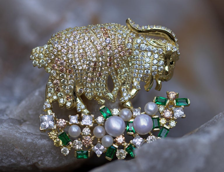 Italian Golden Goat Brooch With Pearls and CZ For Sale at 1stDibs