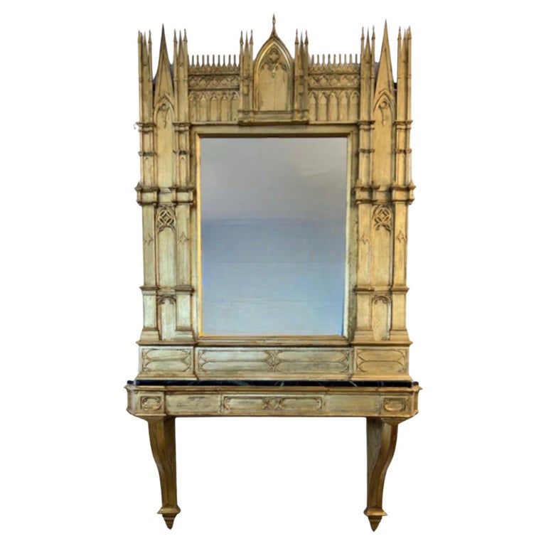 Italian Gothic Mirror Console with Black Marble For Sale at 1stDibs