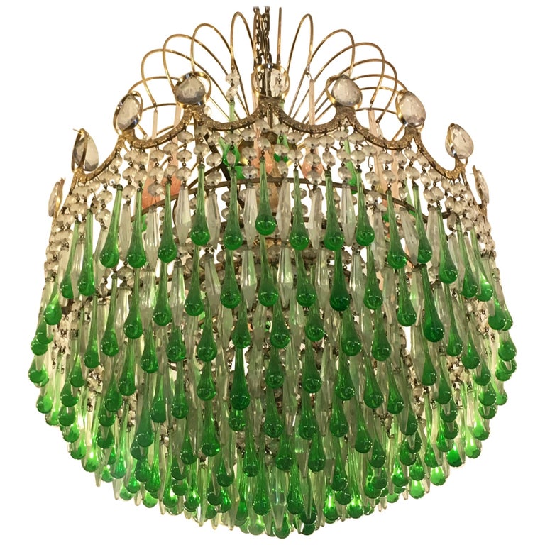 Italian Green Glass Drops Chandelier Venini Style, Murano, 1970s at 1stDibs