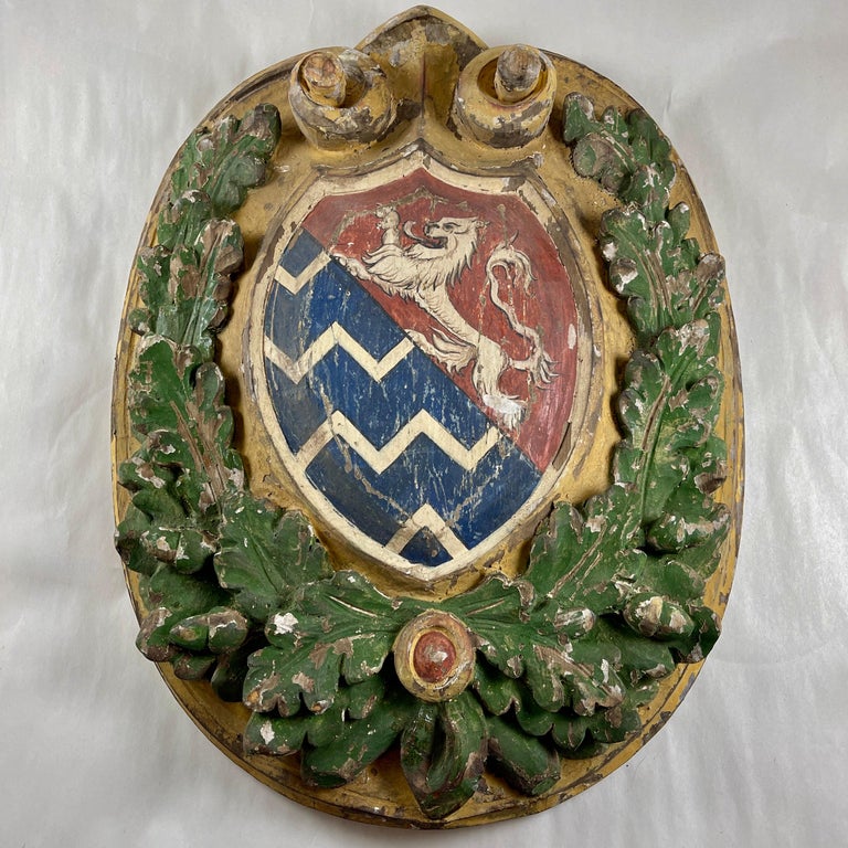 Italian Hand Carved Painted Wooden Coat of Arms Heraldic Crest Wall ...