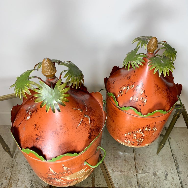 Italian Hand Painted Chinoiserie Ice Buckets 1950’s For Sale at 1stDibs