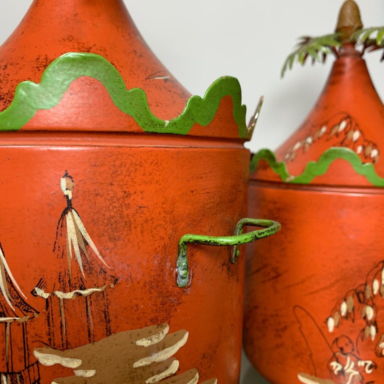 Italian Hand Painted Chinoiserie Ice Buckets 1950’s For Sale at 1stDibs