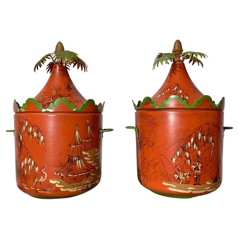 Italian Hand Painted Chinoiserie Ice Buckets 1950’s For Sale at 1stDibs