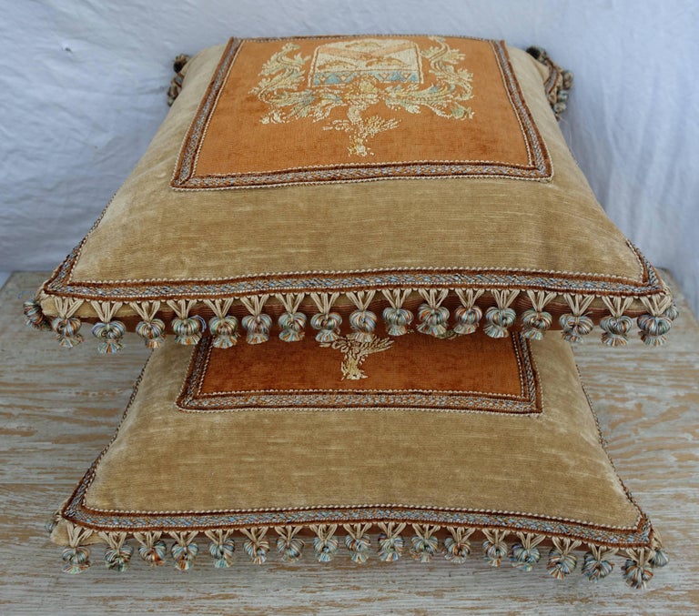 Italian Hand-Painted Velvet Pillows with Family Crest, a Pair at 1stDibs