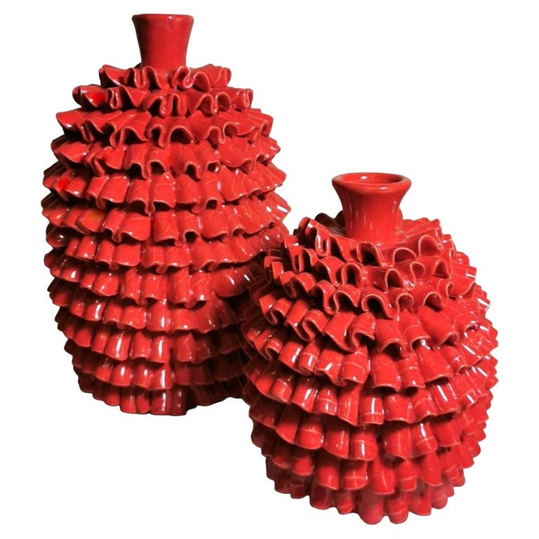 Italian Handicrafts Pair of Red Glazed Ceramic Vases For Sale at 1stDibs