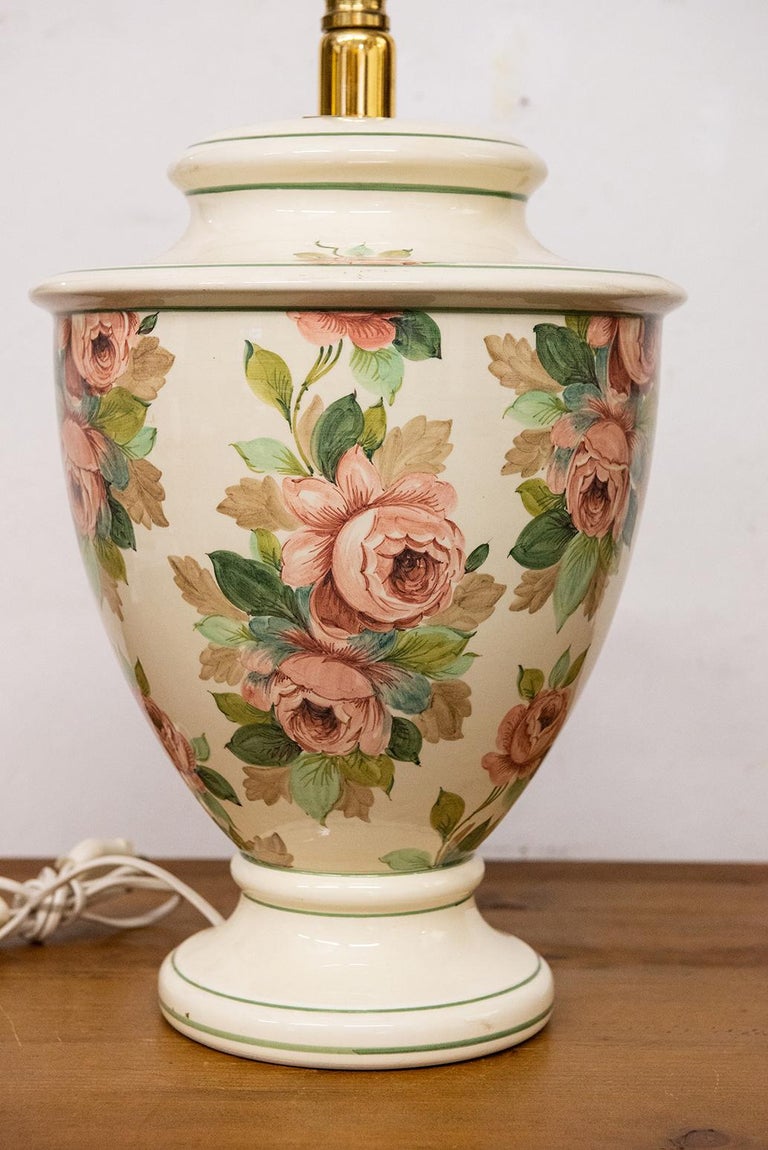 Italian Hand Painted Ceramic Table Lamp with Roses For Sale at 1stDibs